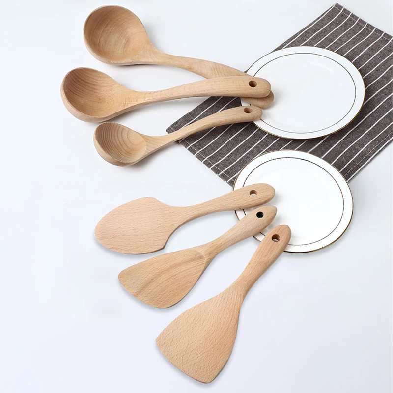 Bamboo Wooden Spoons Spatulas Set Kitchen Heat Resistant Non Stick ...