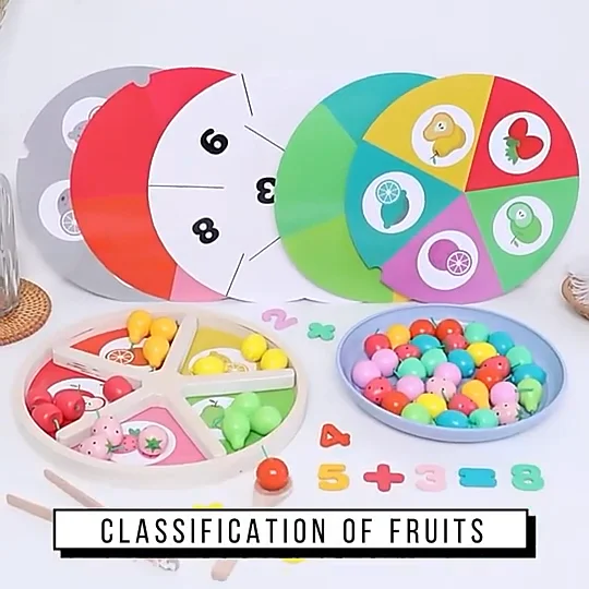 Hot Sale Baby Wooden Fruit Color Sorting Clip Bead Game Math Counting ...