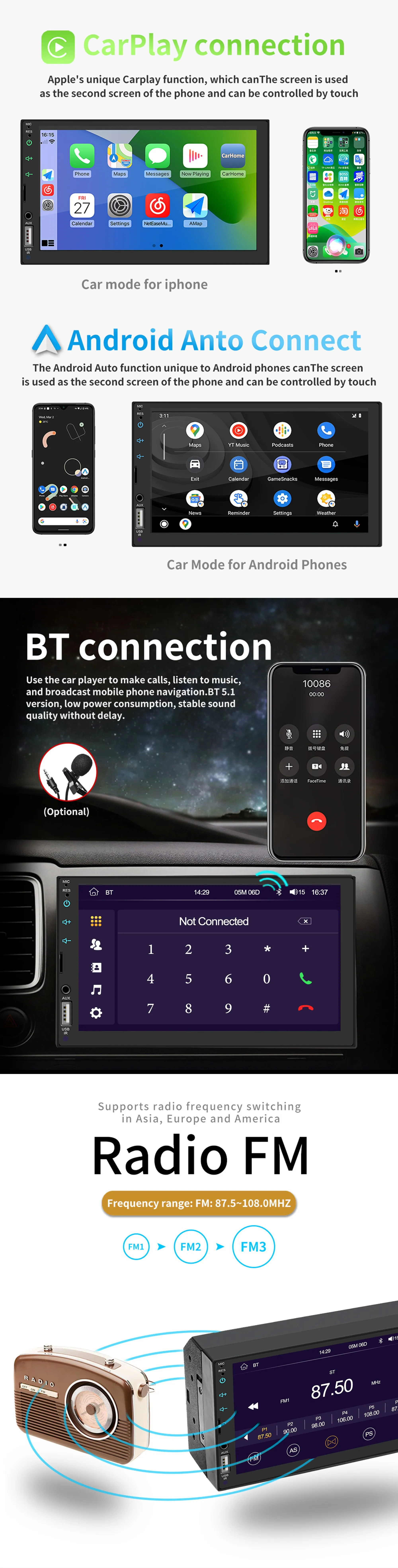 Carplay Android Auto Universal Big Amplifier 7 Inch Touch Screen Radio ...