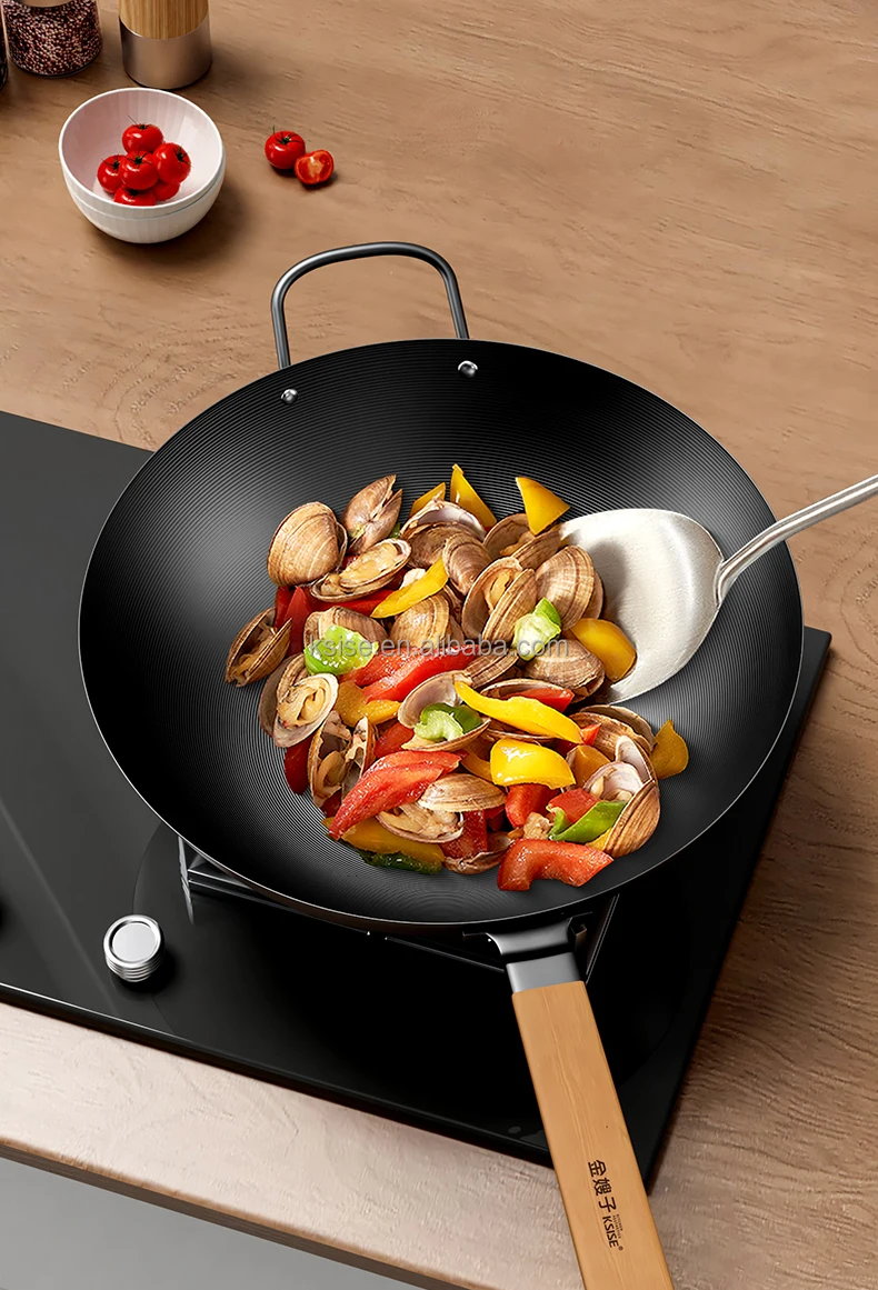 32cm Spinning Carbon Steel Wok Pan Preseasoned Wok Pan with Wooden ...