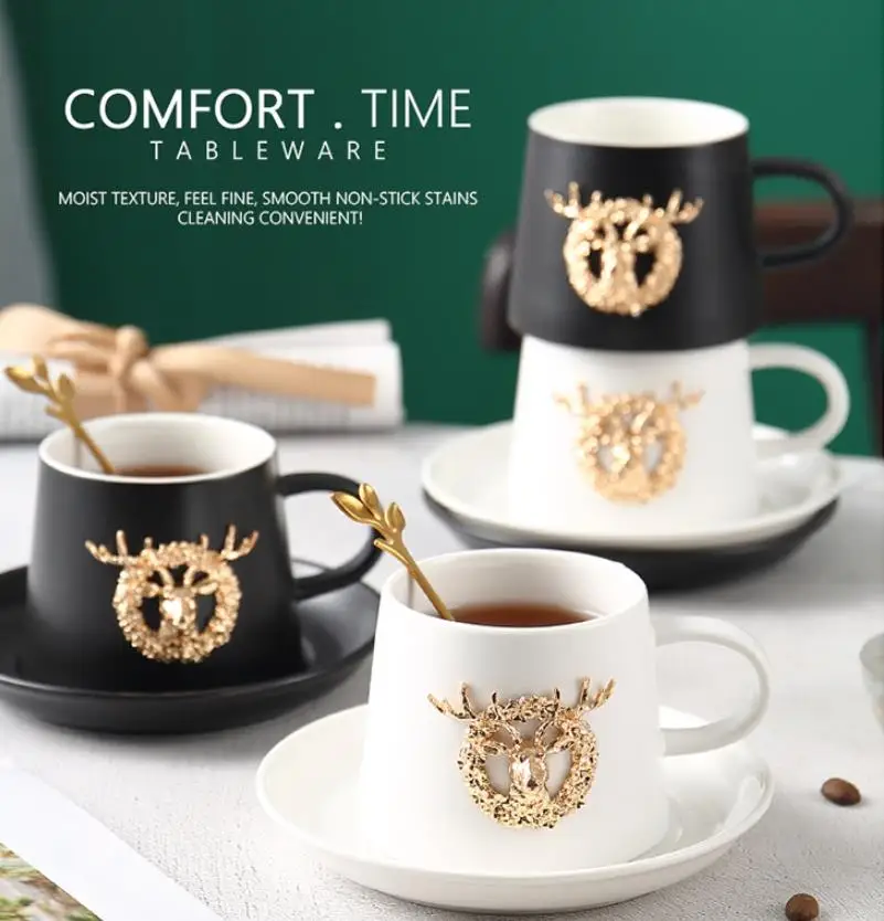 European Coffee Cup Set Matte Porcelain Mug With Gold Reindeer ...