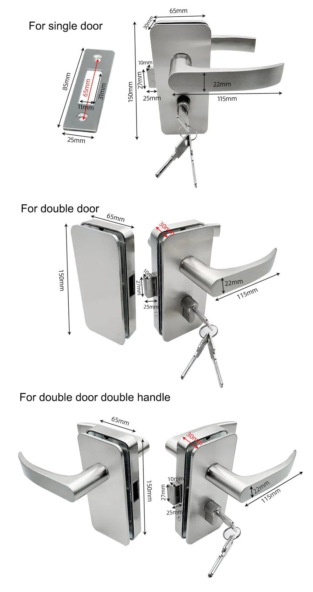 Factory Wholesale Glass Door Lock With Handle And Keys Silver Satin ...