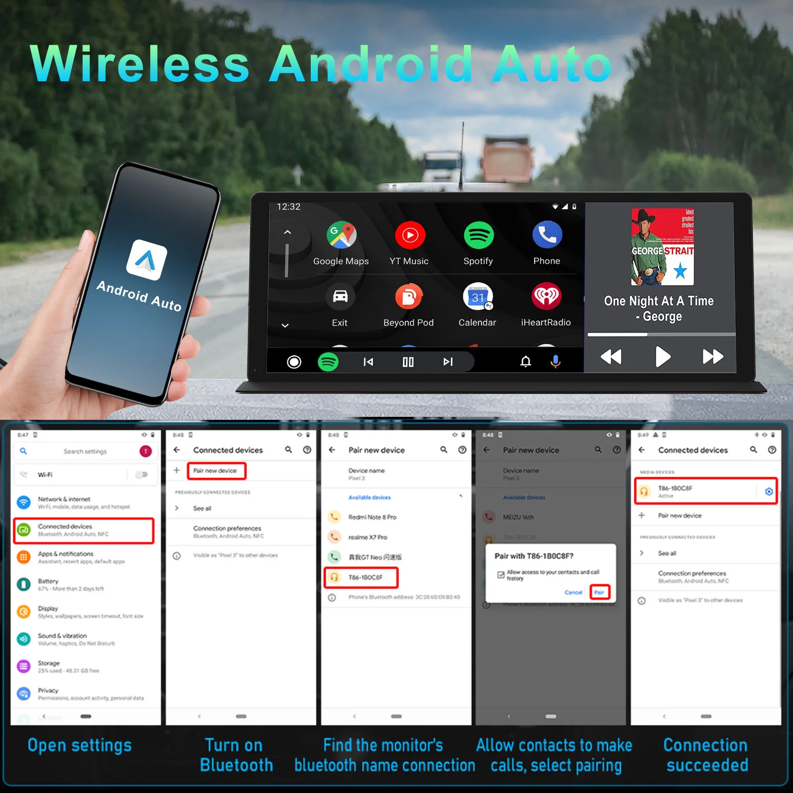 Portable Wireless Carplay Android Auto 10.3 Inch Touchscreen