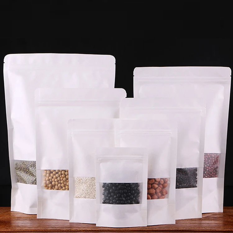 Stand up White Kraft Paper Reclosable Ziplock Plain Heat Sealable Food Packaging Doypack Pouches ...