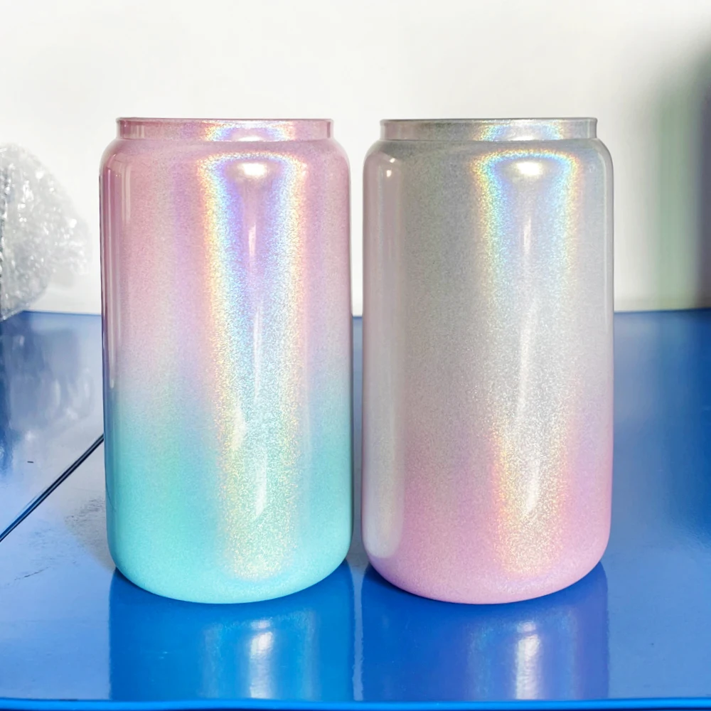 Rhinestone Lid Holographic Shimmer Glass Can 16oz Ombre Glitter Shimmer ...