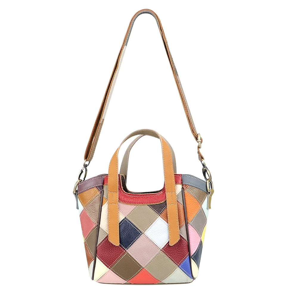 AndoBag Genuine Leather Top Handle Bags, Color Stitching Plaid ...