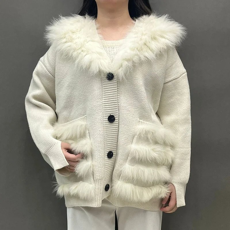 New Coming Fox Fur Collar Cuffs Knitting Sweater Real Fur Cardigan for Women