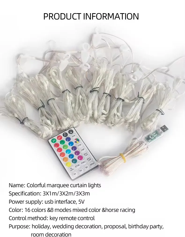 3m X 3m 300 Led Rgb Window Curtain String Light With Remote Usb Powered ...