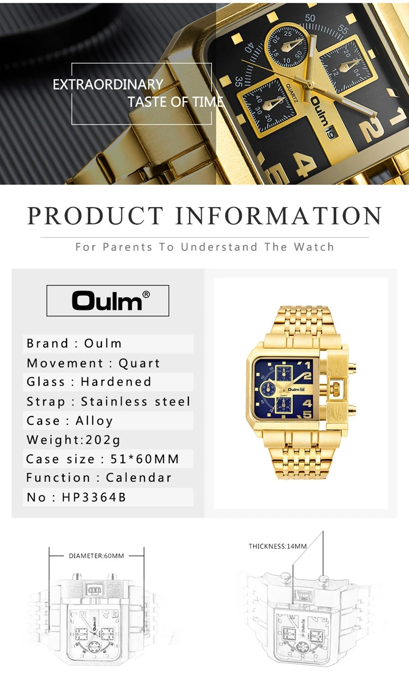 Oulm 3364 Gold Designer Men's Quartz Watch with Stainless Steel Strap ...