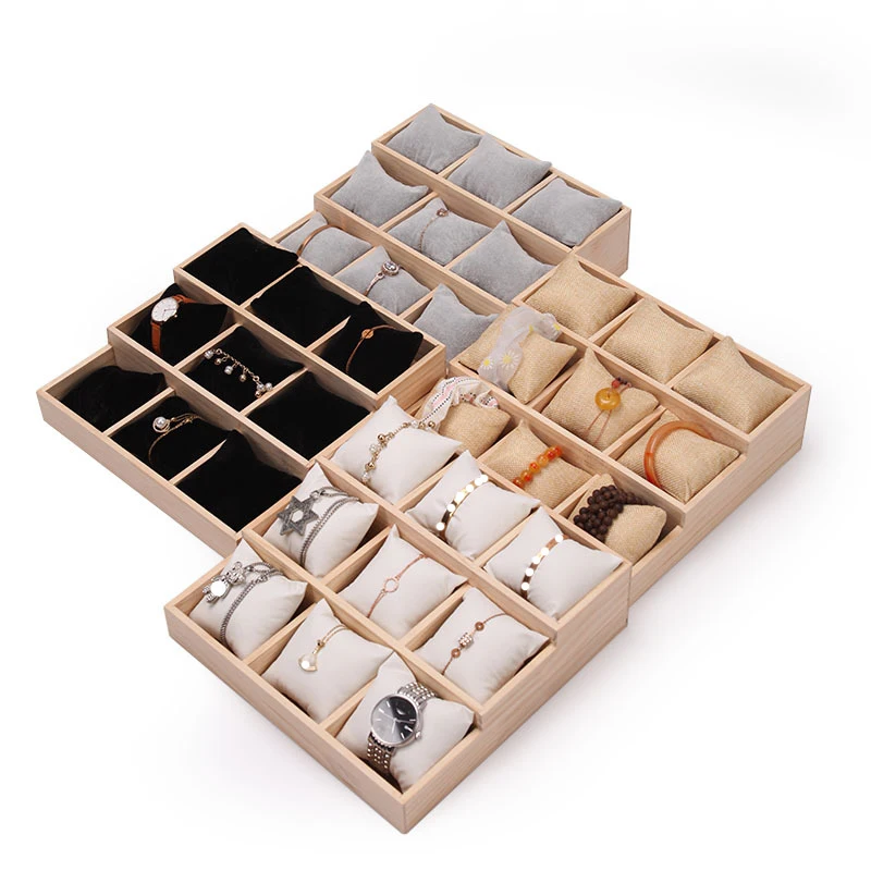 FY-21 Wooden 3-Tier Stepped 9 Grid Jewelry Organizer Tray with ...