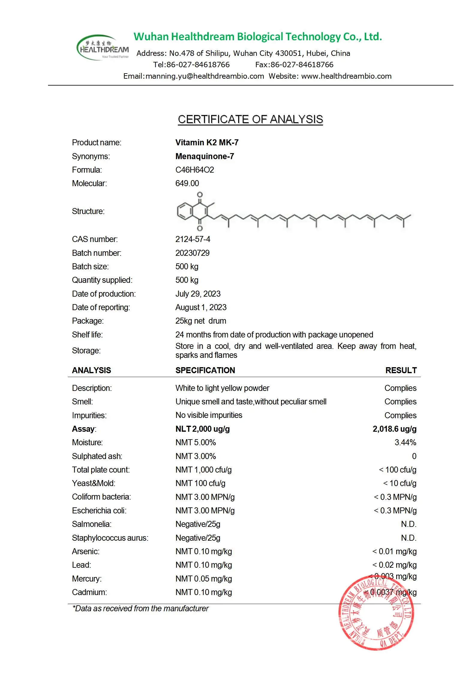 2000 PPM Vitamin K2 MK-7 Bulk Powder for Bone Health