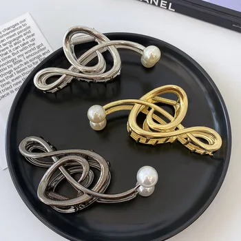 Korean Pearl Musical Note Hair Claw Clips Women Simple Alloy Hair Shark ...