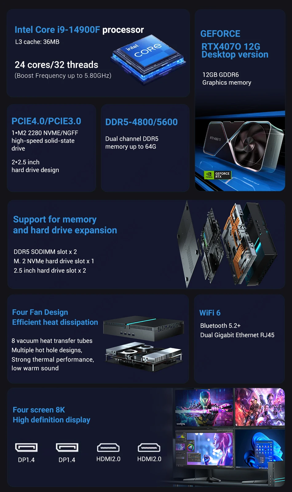 Power Mini PC Gamer Beast I9 14900F I7 14700F NVI-DIA RTX 4070 12G ...