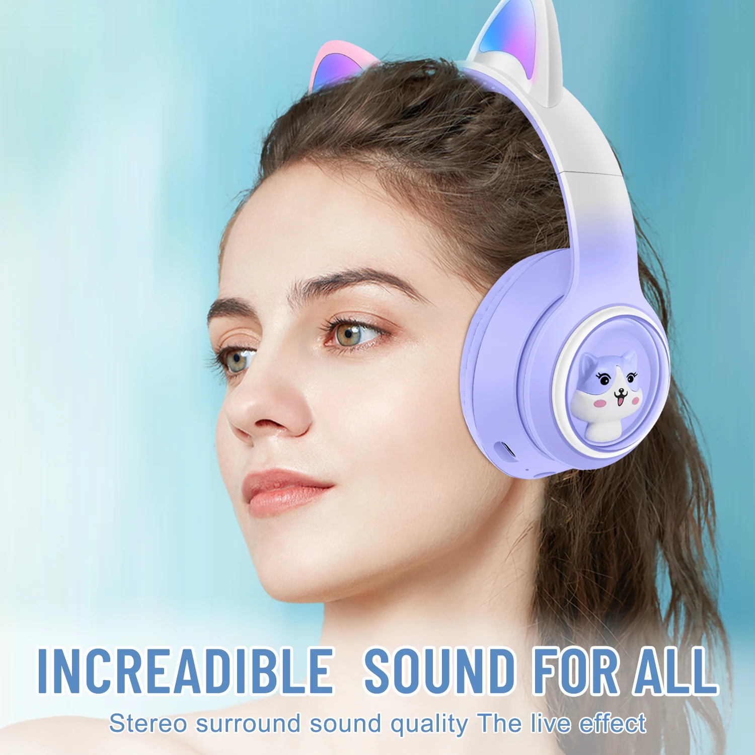 Akz..02 New Cat Ear Headphones Wireless Headset Earphone Super Bass Headphone With Led Light Tf ...