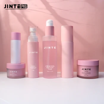 Custom Pink Cosmetic Packaging Plastic Pump Bottle And Jar With Lid For ...