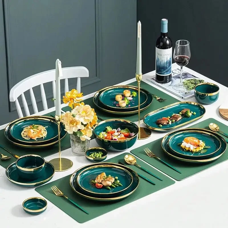 Luxury Green Food Plate Set Salad Soup Bowl Plate Set Ceramic Dinner ...