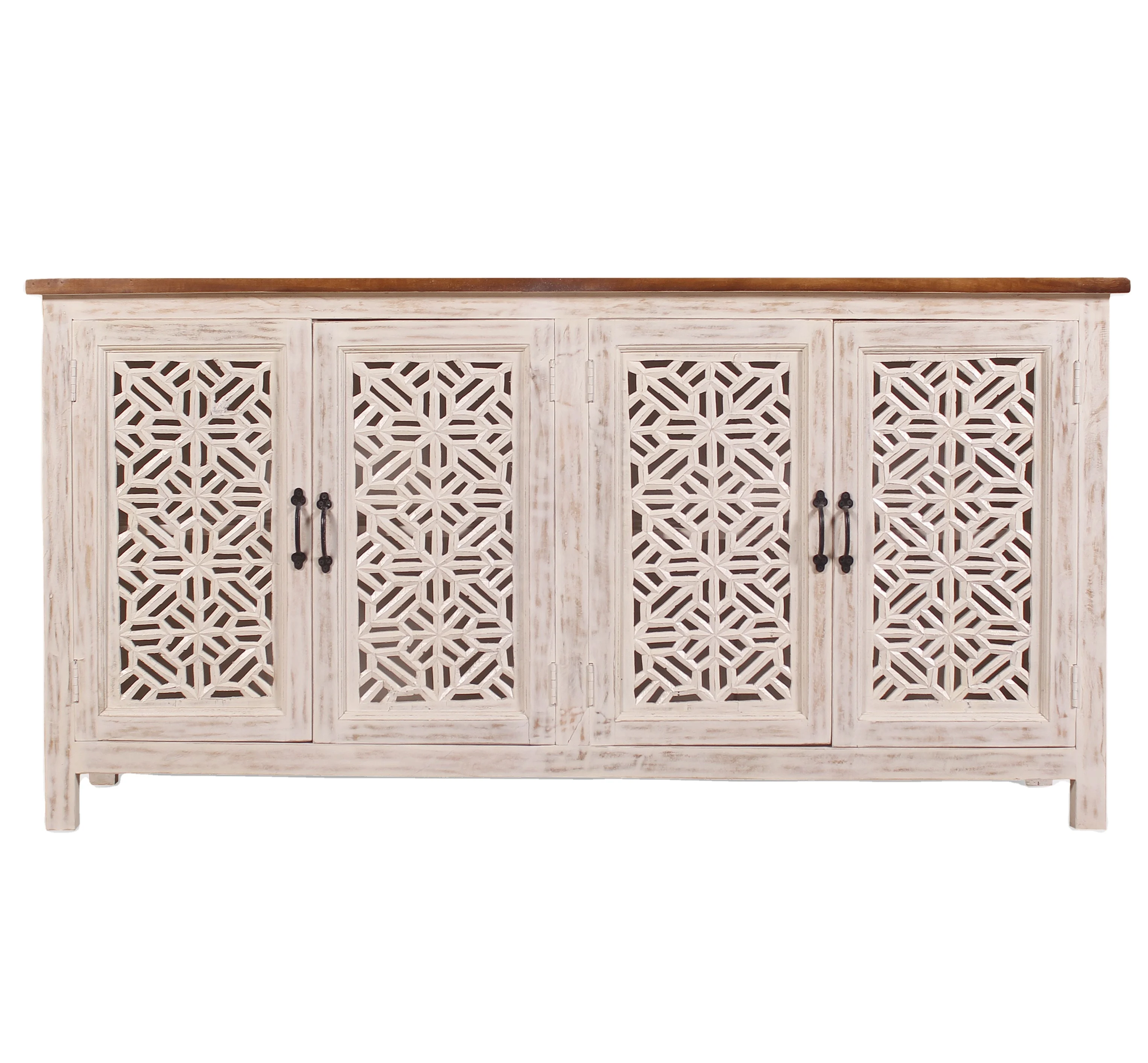 White Distressed Wood Sideboard Buffet Cabinet 4-Door Whitewashed Mango ...