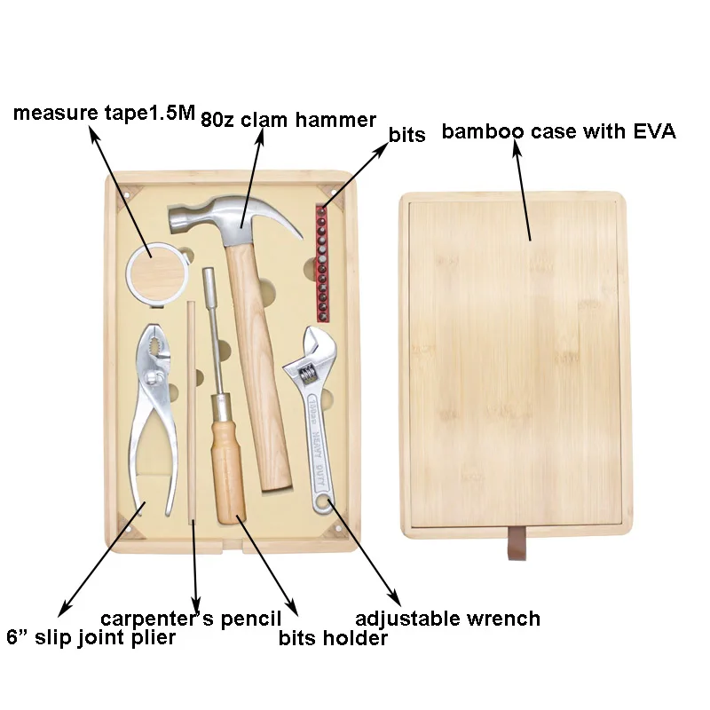 Wearable 18pcs Tool Set in Bamboo Box With EVA Flexible Measure Tape ...
