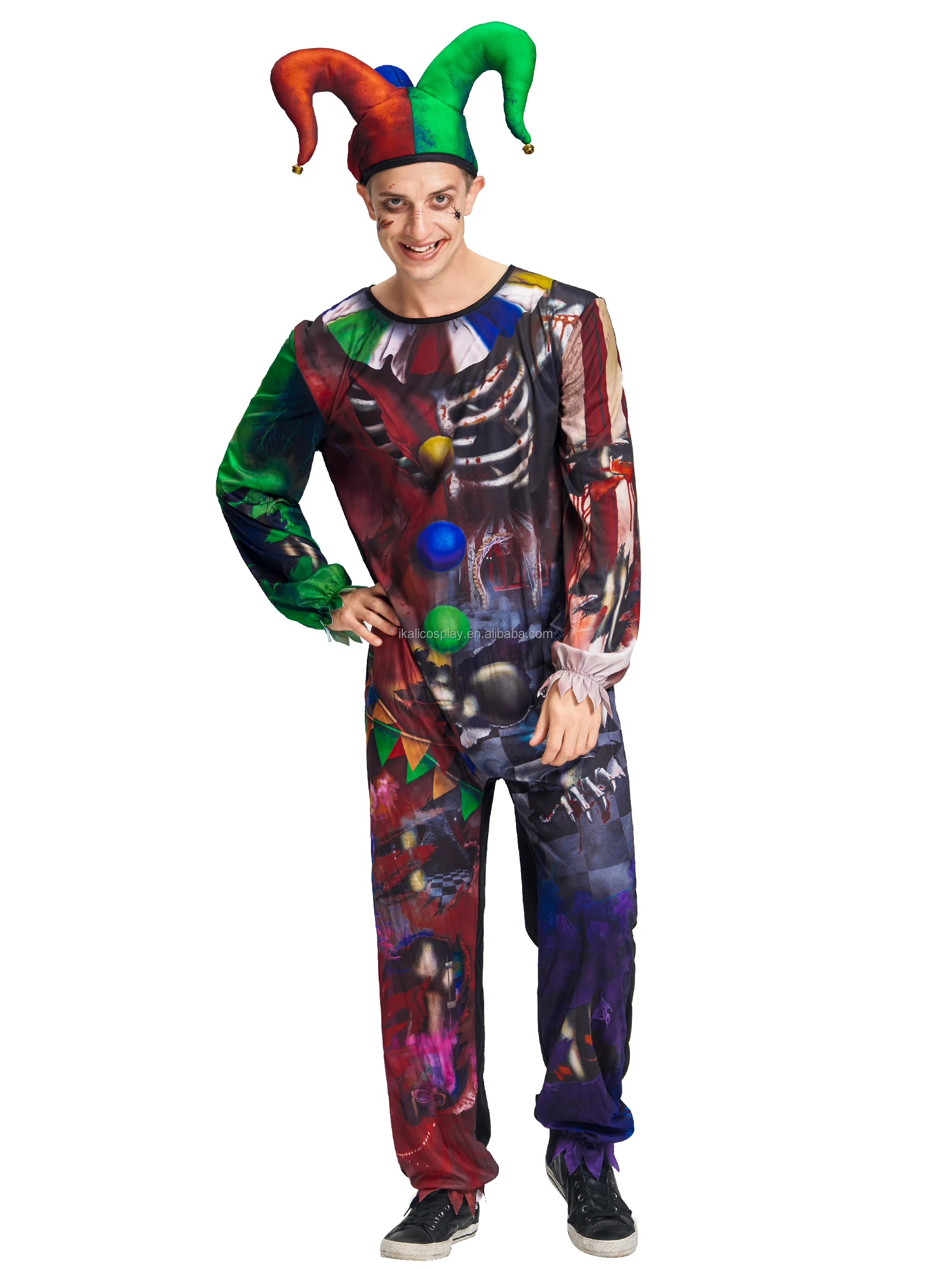 Men Halloween Skeleton Circus Clown Costume,Bones Printed Jumpsuit 3d ...