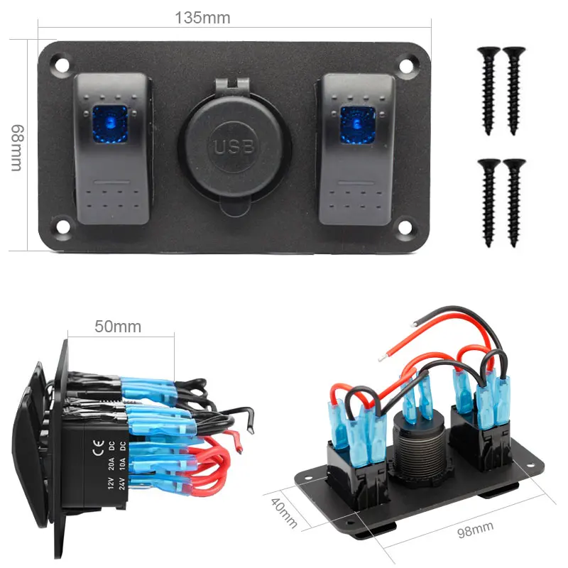 2 Gang Rocker Switch Panel with 4.2 Amp Dual USB Charger