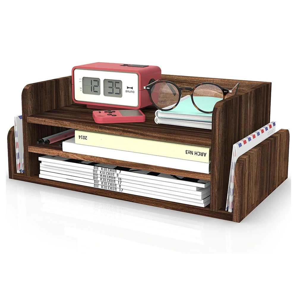 3-tier Wood Desk Organizer Solid Wood Office Desk Organizer With 2 Side ...