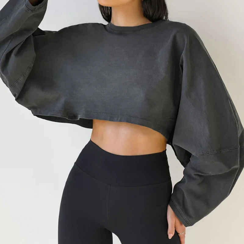 Custom Slouchy Crop Long Sleeve Lady Fitness Crop Top Hoodies T Shirt ...