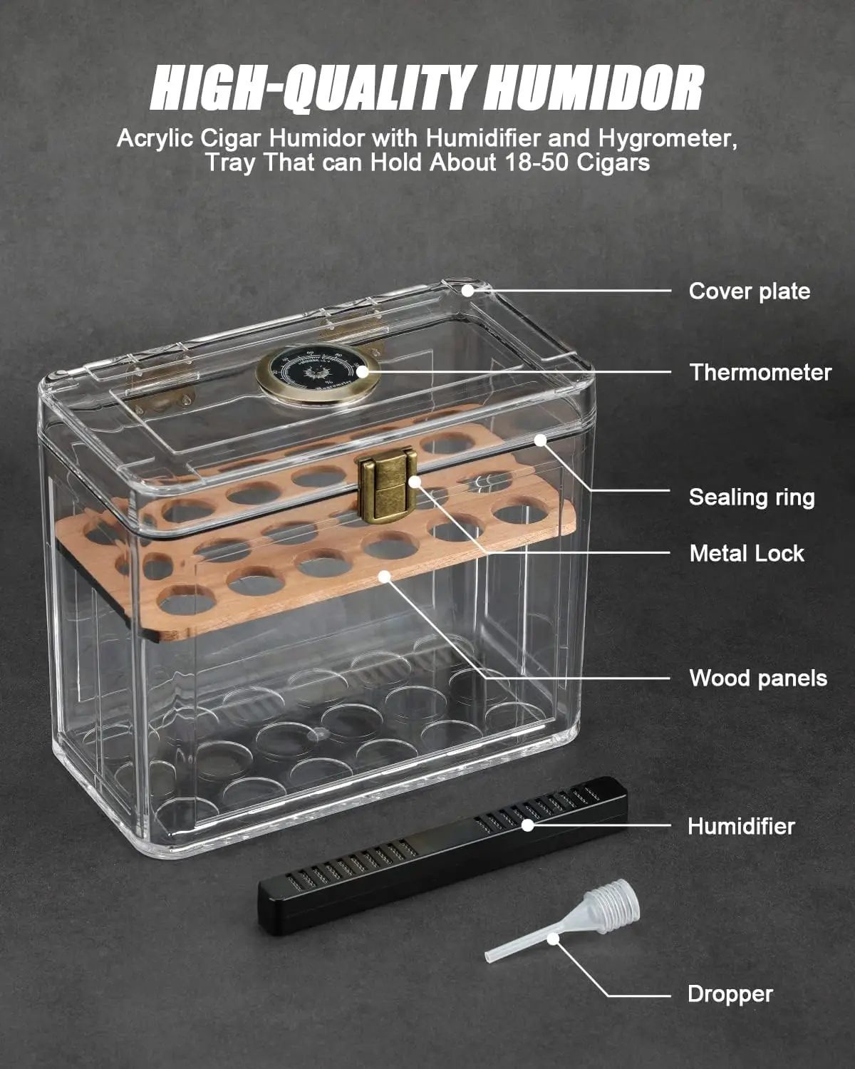 Acrylic Clear Square Humidor Cigar Box with Hygrometer & Humidifier ...