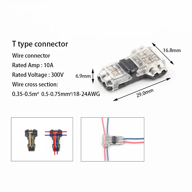 2 Pin 2 Way T Shape Without Stripping Universal Compact Wire Wiring ...