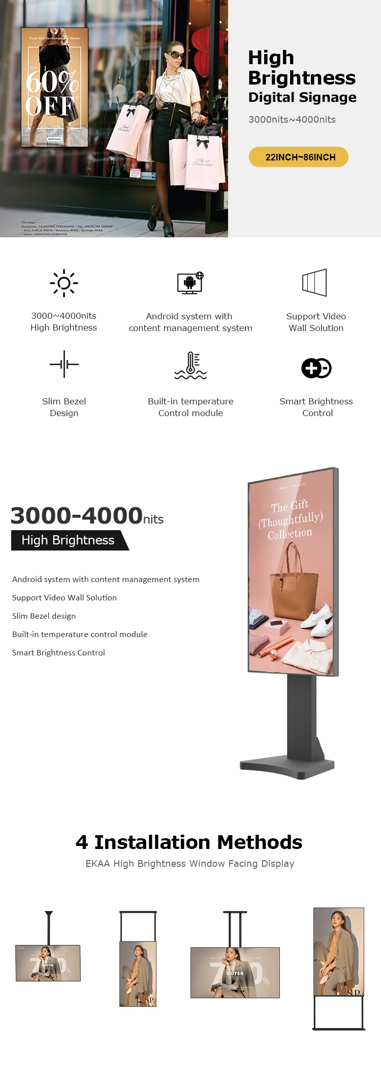 3000~3500nits Commercial Advertising Monitor Signage Indoor Lcd 55 Inch ...