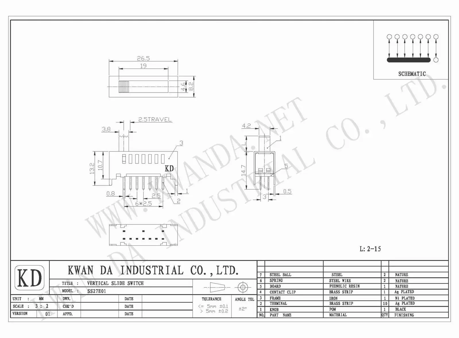 7 Position 14 Pin Slide Switch 2p7t 26.5x8.2x14.7 Mm 0.3a 50v Dc ...