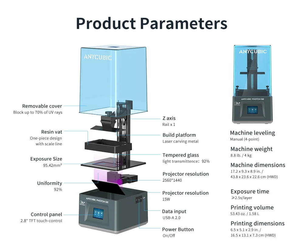 ANYCUBIC Photon D2 DLP 3D Printer - High Resolution & Durability