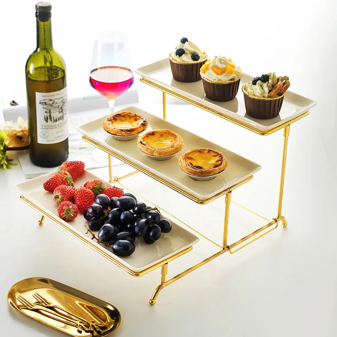 3 Tiered Serving Stand With White Porcelain Platters Swivel Food ...