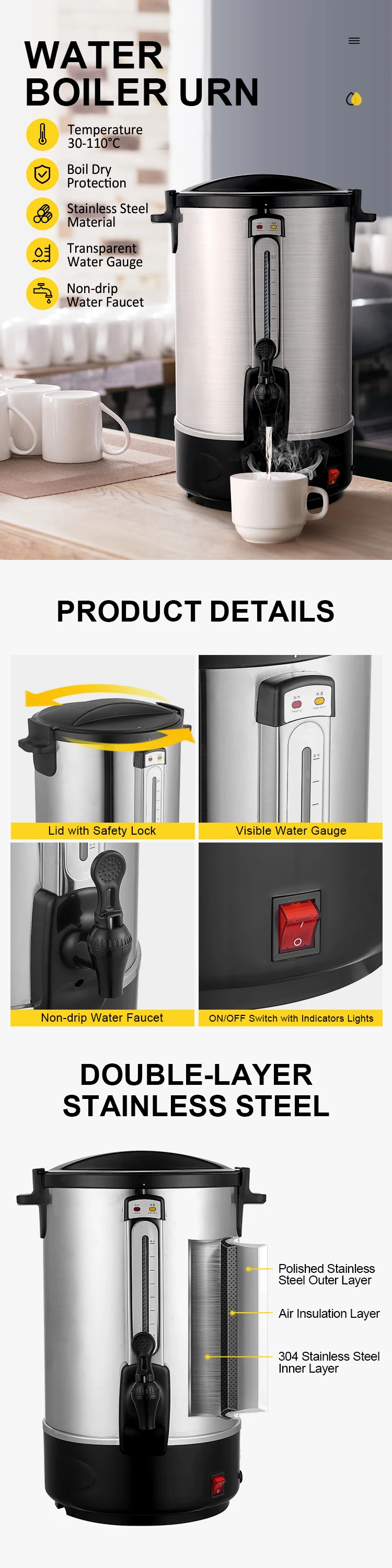 8L Stainless Steel Electric Water Urn Fast Delivery Temperature Control ...