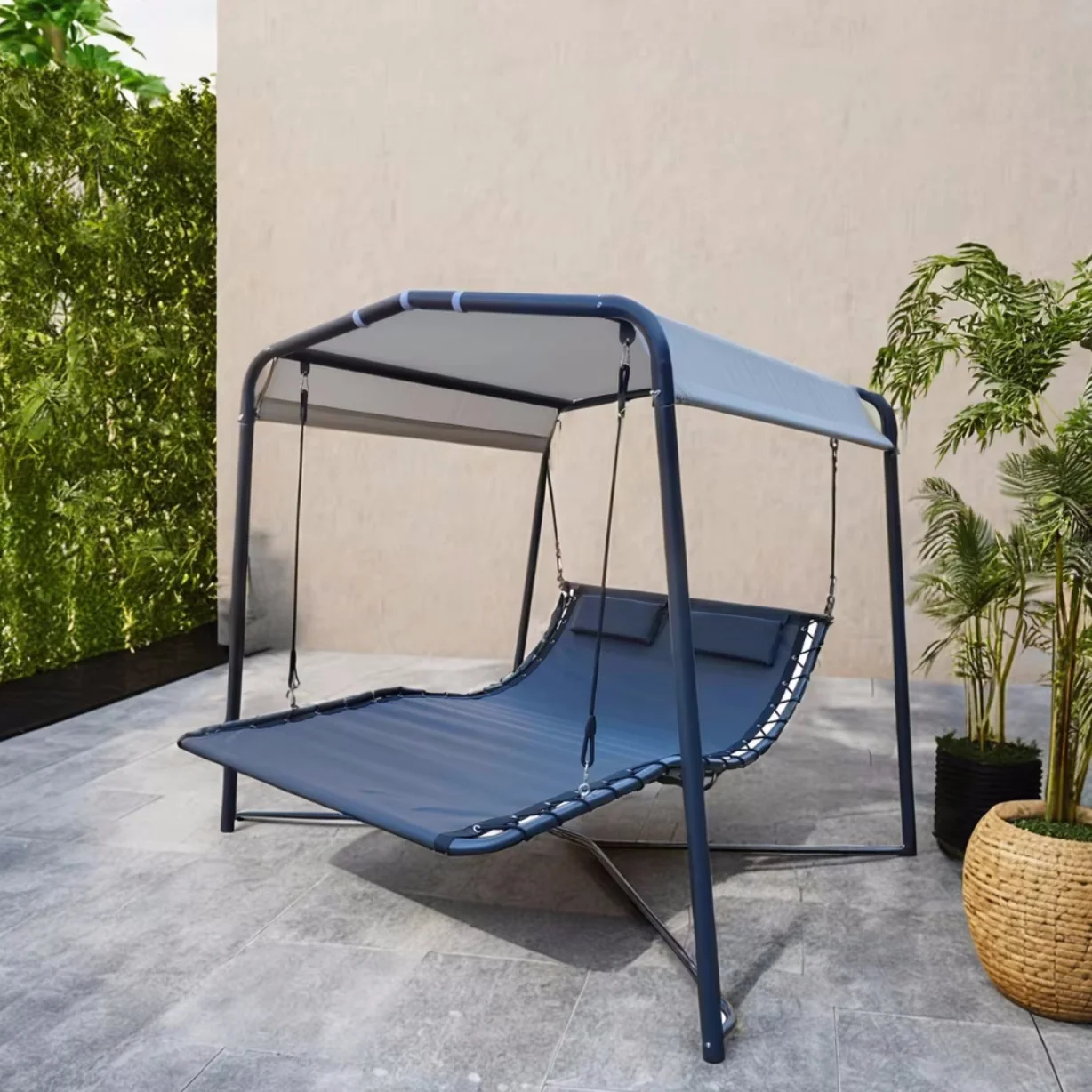 2-Person Patio Swing Chair Bed Garden Metal Daybed Swing with Canopy for Outdoor Hanging Swing ...