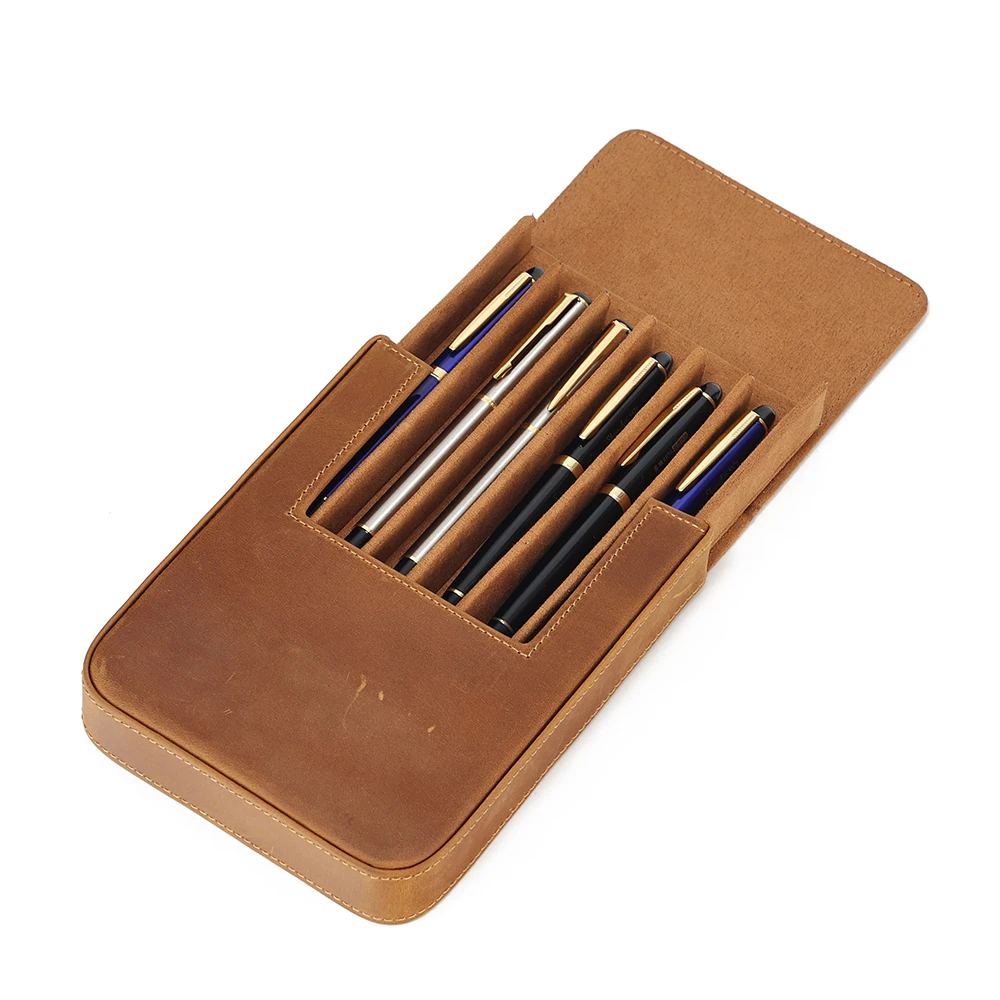 Luxury Crazy Horse Leather Detachable Office Fountain Pen Case Holder ...
