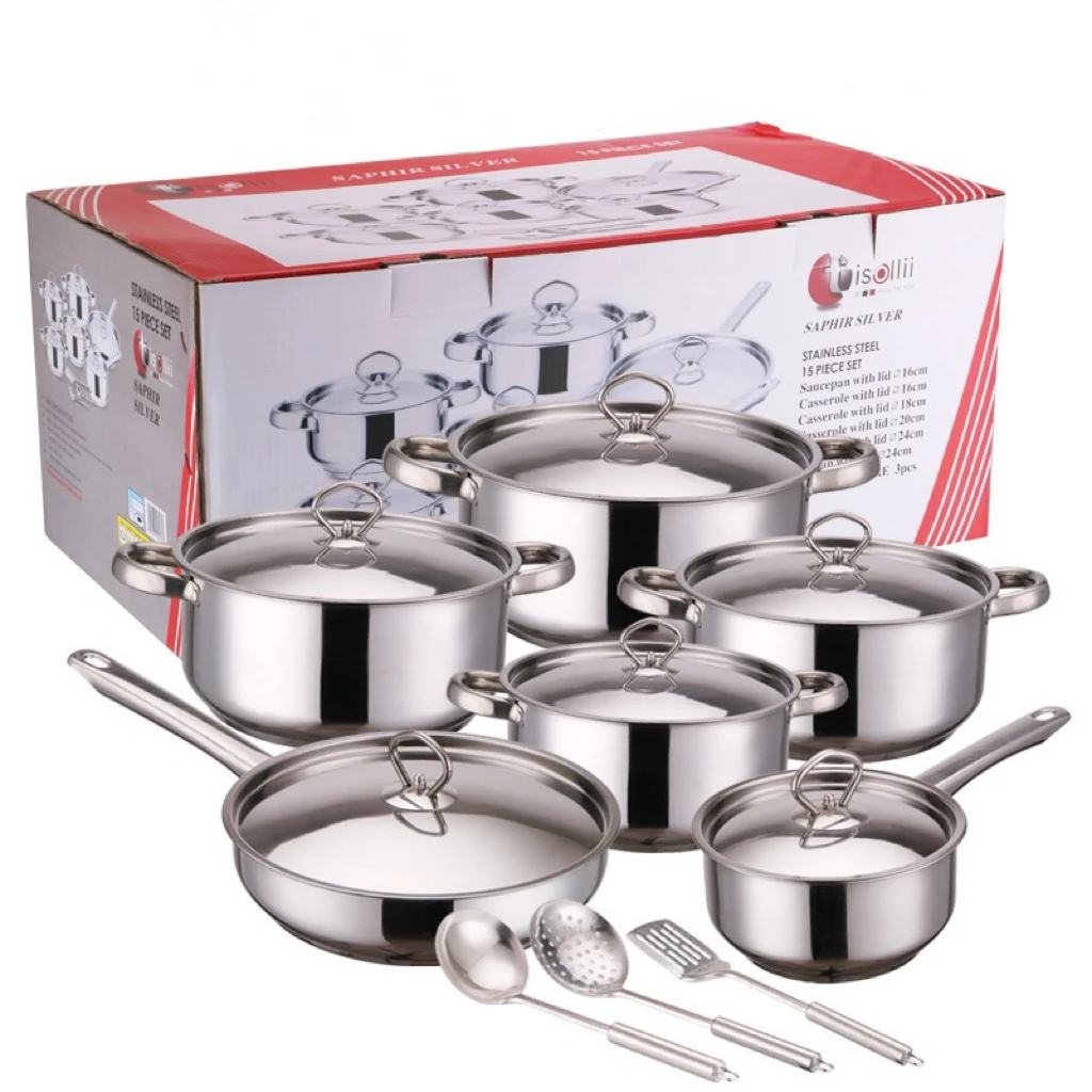 Stainless steel casserole factory cooking pot 15 piece cookware set ...