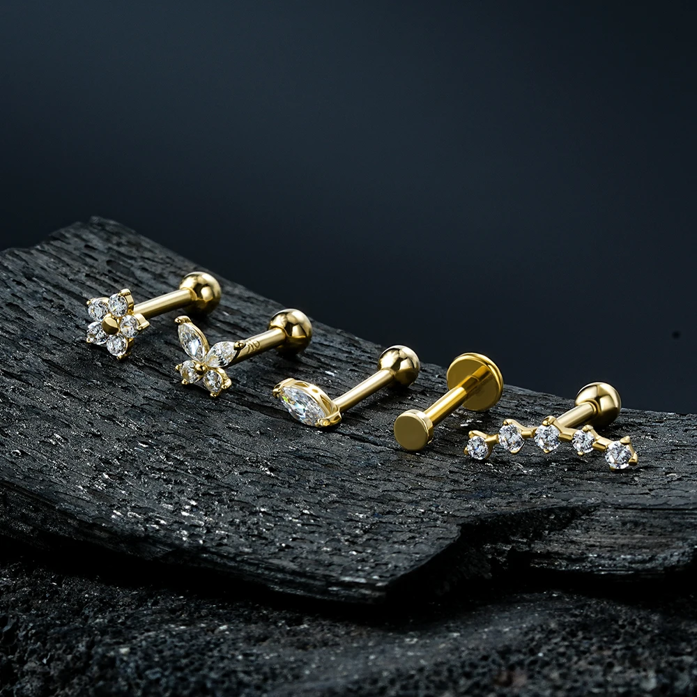 14K Yellow Solid Gold Flower Clear CZ Stones Internally Threaded Labret Body Piercing Jewelry ...