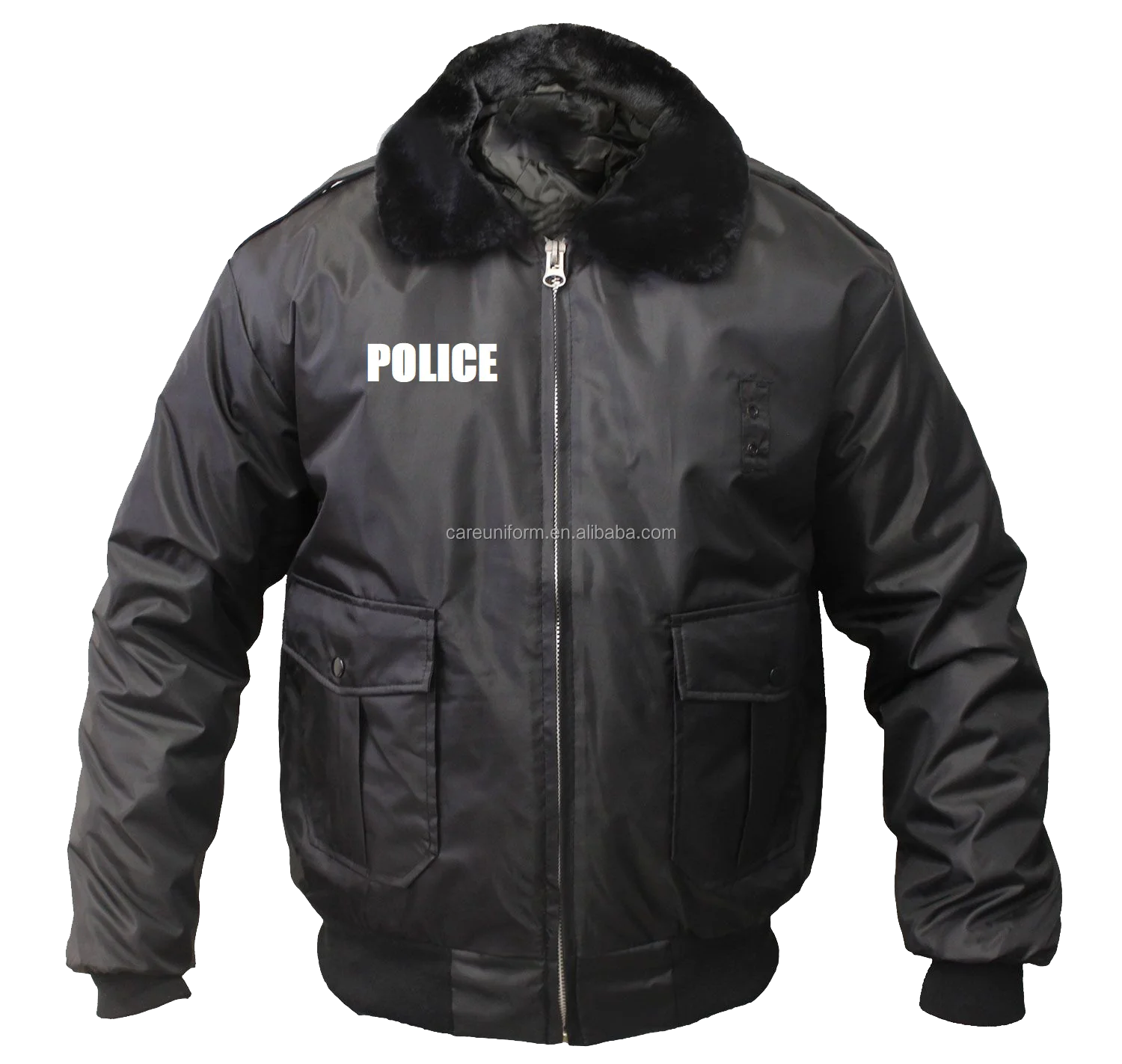 Style Security Uniform Men Winter Satin Bomber Jacket Black Fur Neck ...