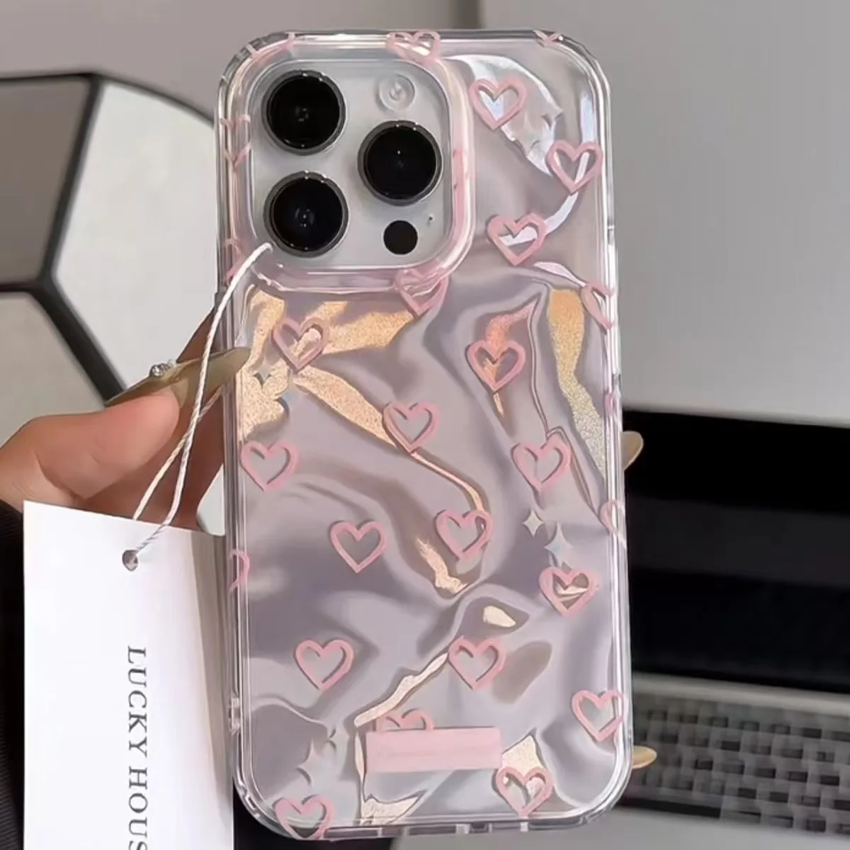 Luxury Cute Laser Pink Love Heart Phone Case for Iphone