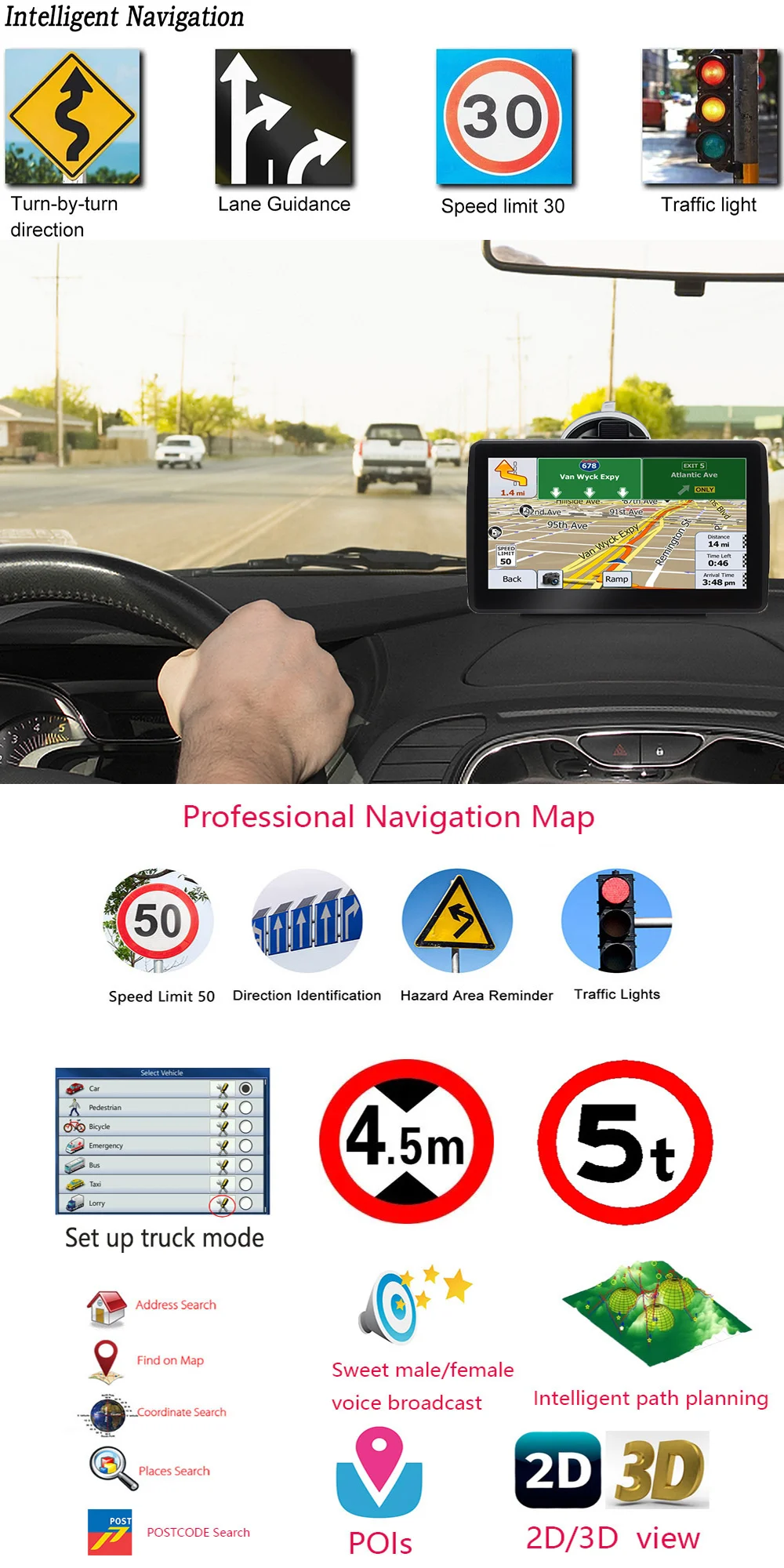 Universal Free Map 5 Inch HD Touch Screen Navigation Truck