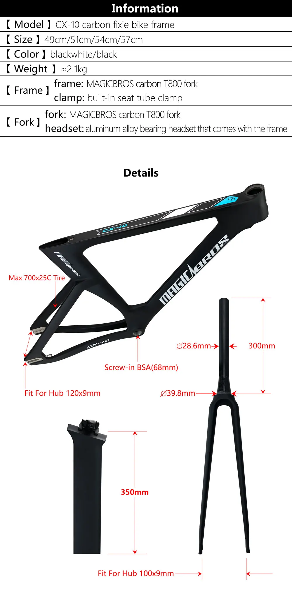 Magicbros 700c Bicycle Carbon Fiber T800 Fixie Frame And Fork Fixie ...