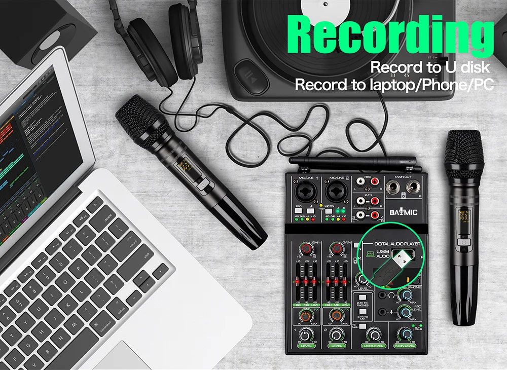 Professional 2 Channels UHF Wireless Microphone with Mixer