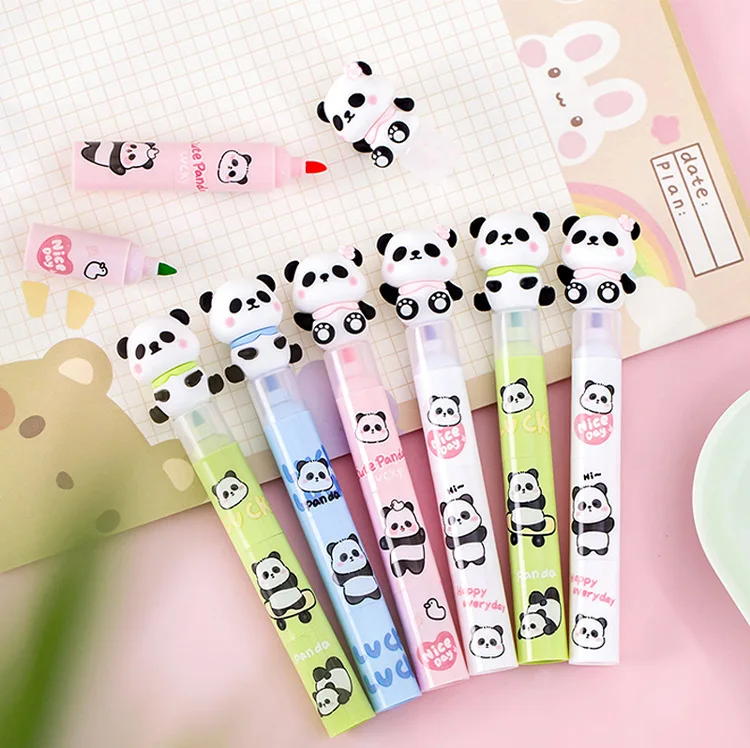 Cartoon Panda Three-color Splicing Highlighter Students Cute Stationery ...