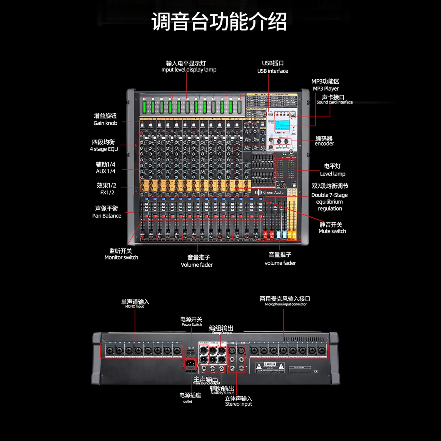 GAX-TFB16 12-Channel DJ Mixer with Built-in Sound Card