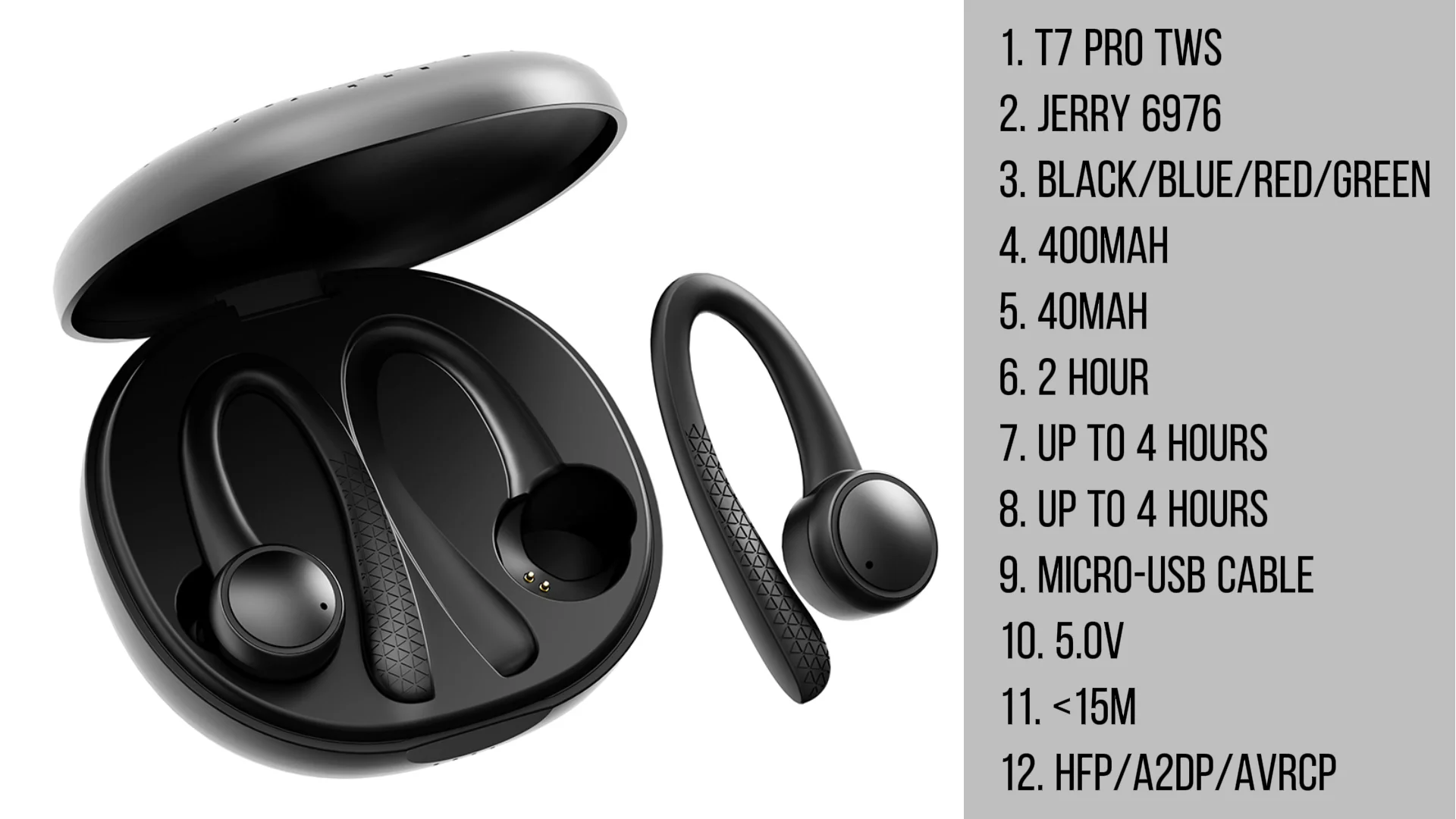 T7 Pro Wireless Earphones V5.0 Stereo Waterproof Earbuds Ear Hook ...