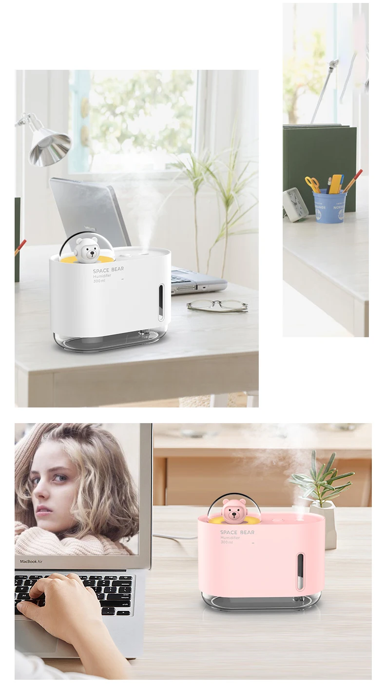Space Bear Air Humidifier - 300ml Cool Mist for Home & Office