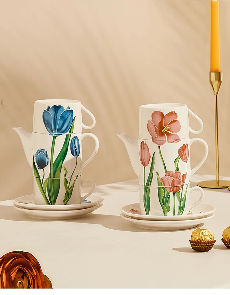 Hot Selling Tulip Ceramic Tea Set Handpainted Flower Tea Pot with ...