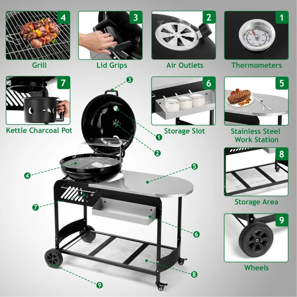 Premium Iron Multifunctional Outdoor BBQ Grill with Side Table Trolley ...