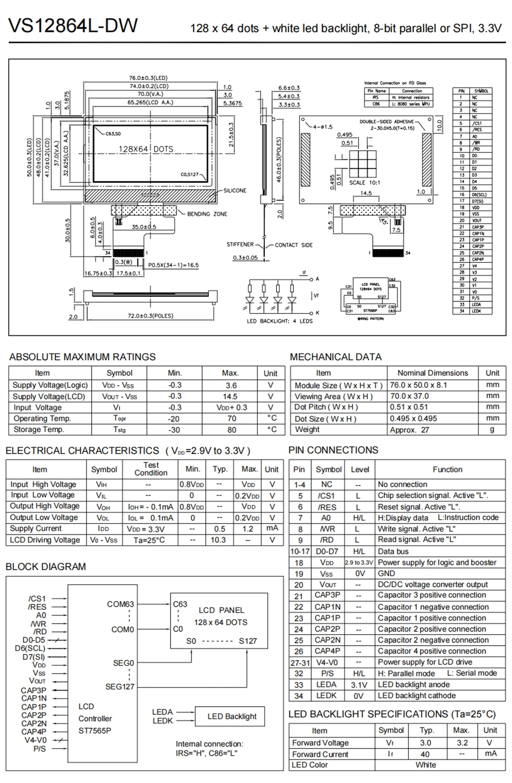 8-bit Parallel Spi Cog Modules White Led Backlight St7565p Controller ...
