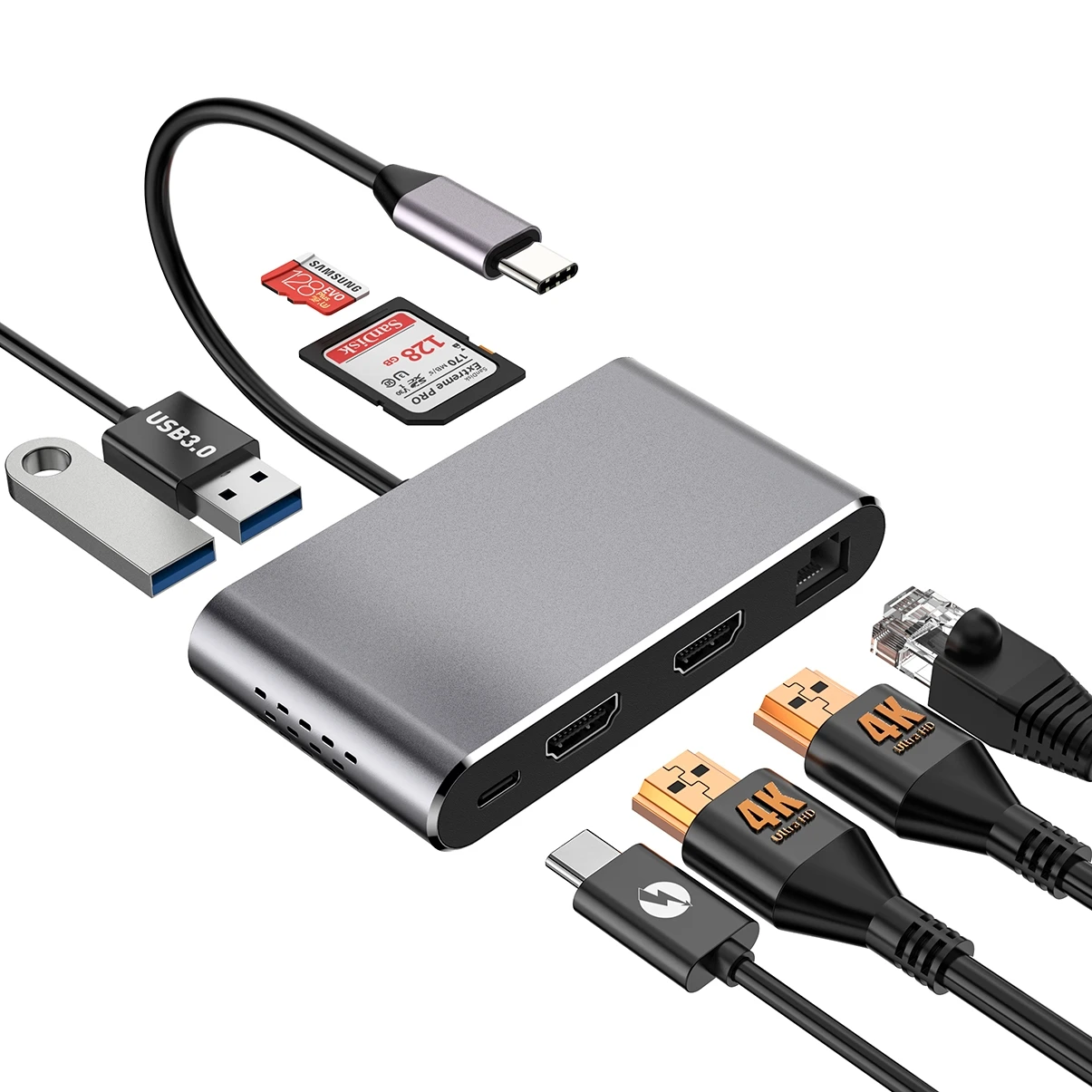 100Mbps Ethernet Card USB3.1 to Dual 4K HDTV, 100W PD USB-C, TF SD Card ...
